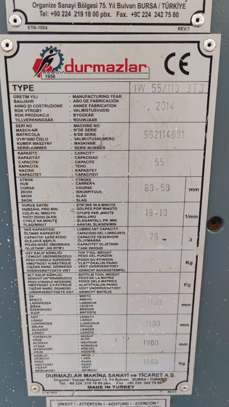 DURMA IW 55/110 BTD ironworker machine